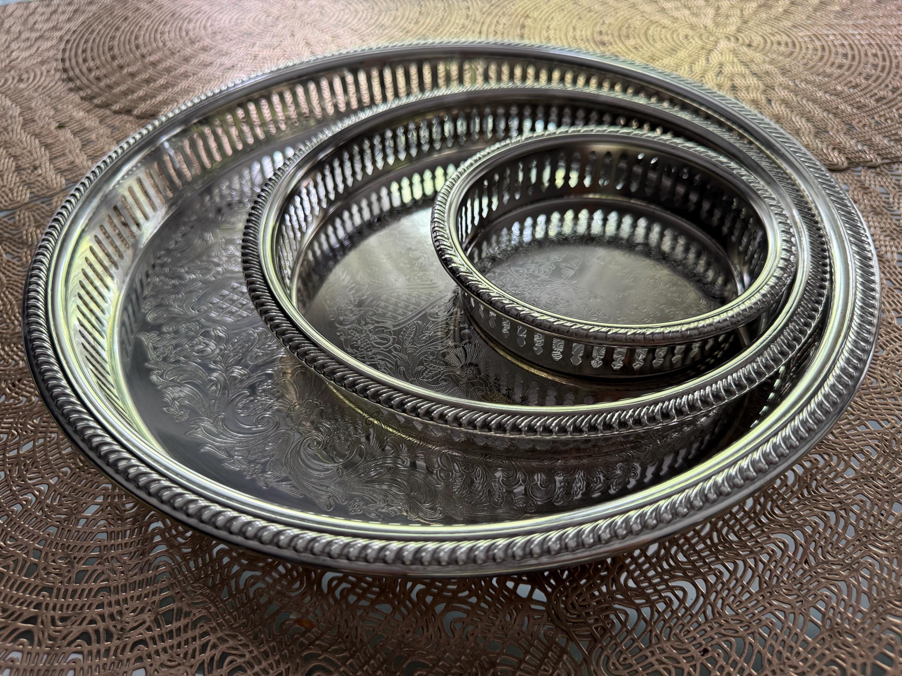 Vintage Silverplate Gallery Trays – Ornate Round Serving Trays With ...