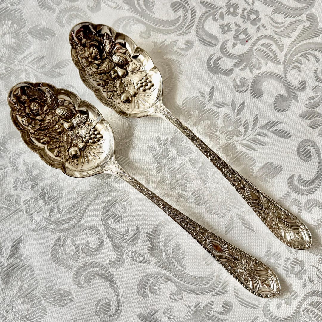 Pair of Vintage Ornate Silver-plated Serving Spoons – Heavy Embossed ...
