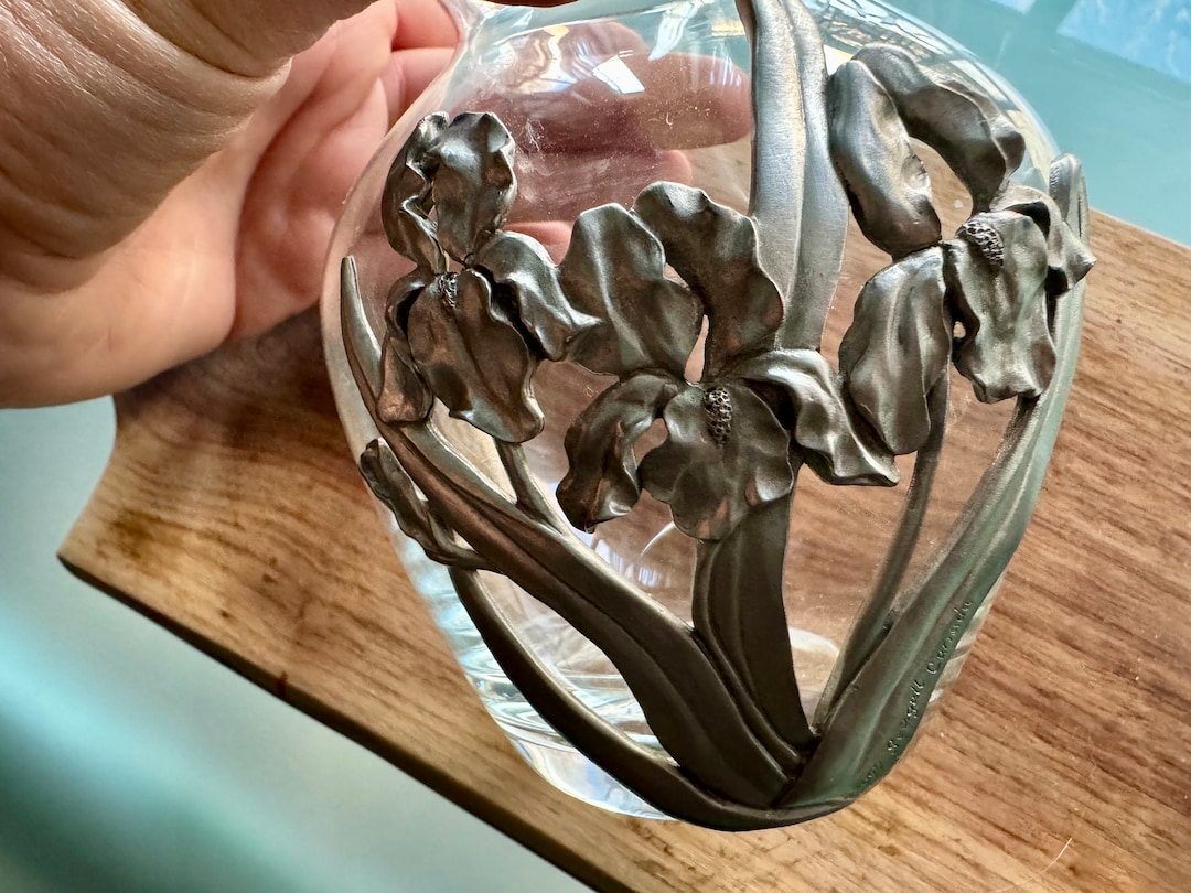 Artist Silver Pewter Flower Urn Vase~ 1992 Seagull Iris Pewter Overlay ...