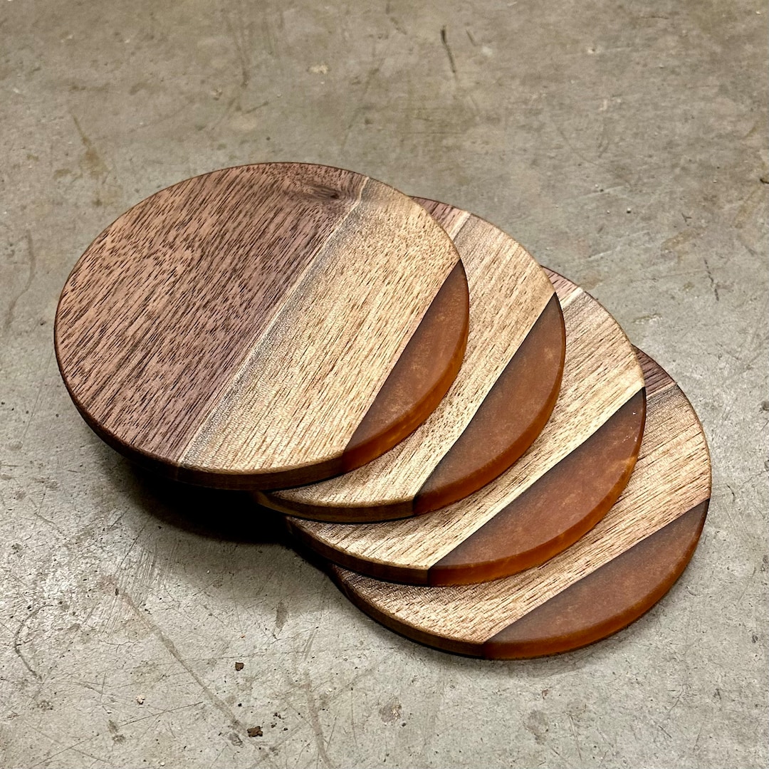Set of 4 Round Coaster Set • Walnut Wood and Coral Epoxy • Drink ...