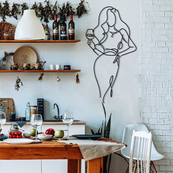 Wine Lover Lady Metal Wall Decor Minimalist Line Art Woman - Etsy