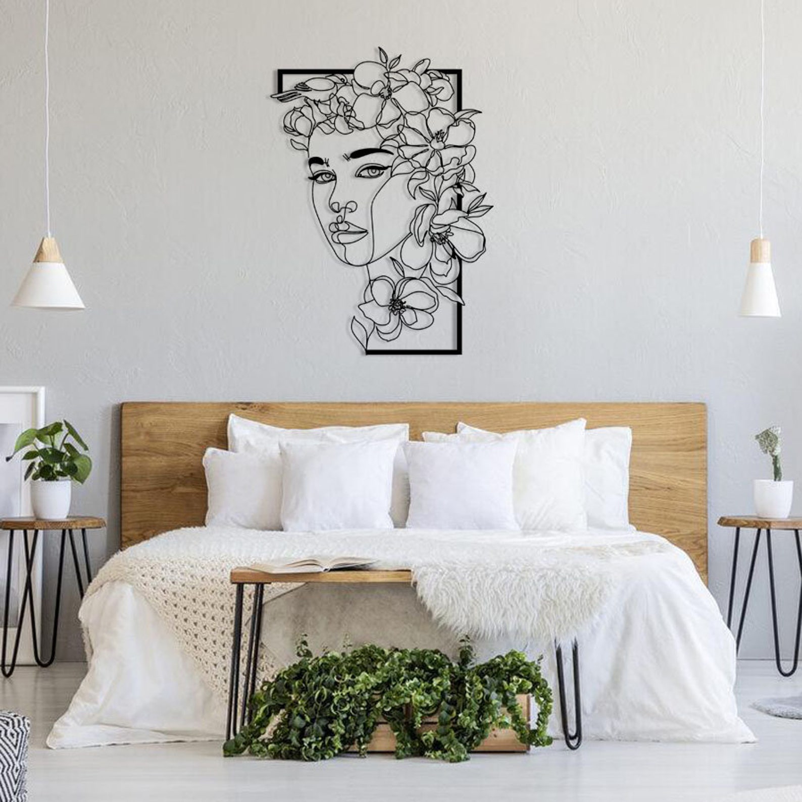 Modern Minimalist Female Line Art Flowers Woman Metal Art Etsy