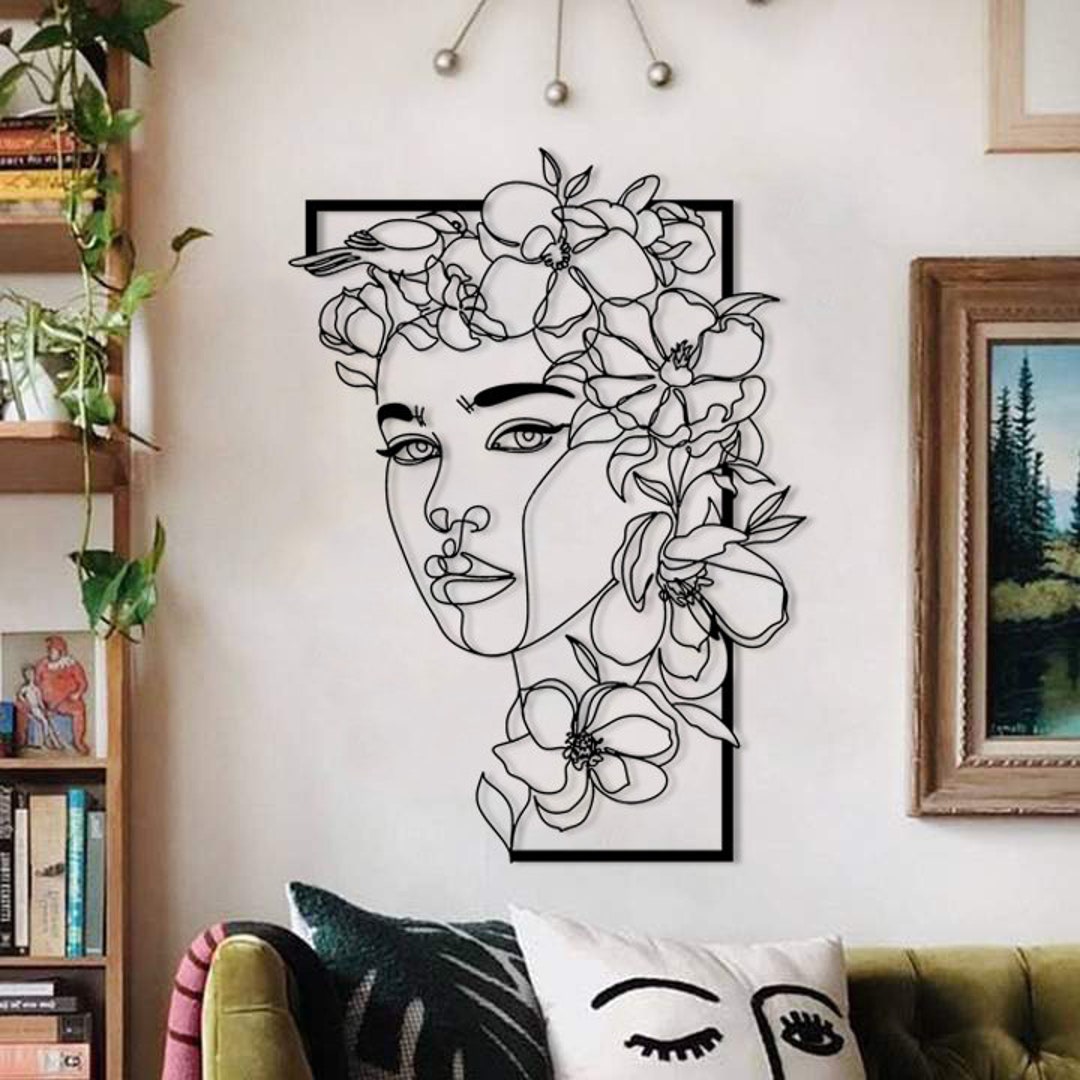 Modern Minimalist Female Line Art Flowers Woman Metal Art Etsy