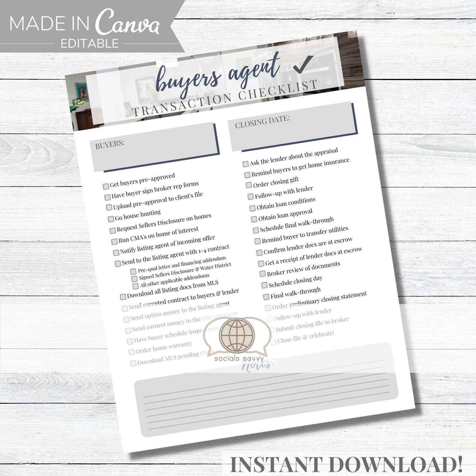 EDITABLE Buyers Agent Transaction Checklist Real Estate Realtor Realtor ...