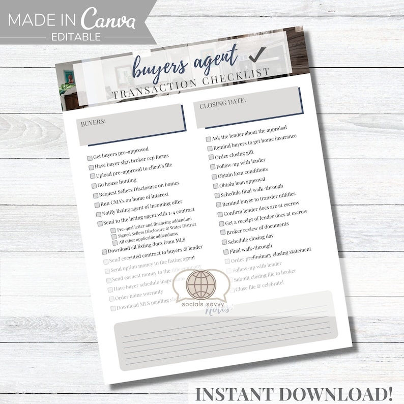 EDITABLE Buyers Agent Transaction Checklist Real Estate Realtor Realtor ...