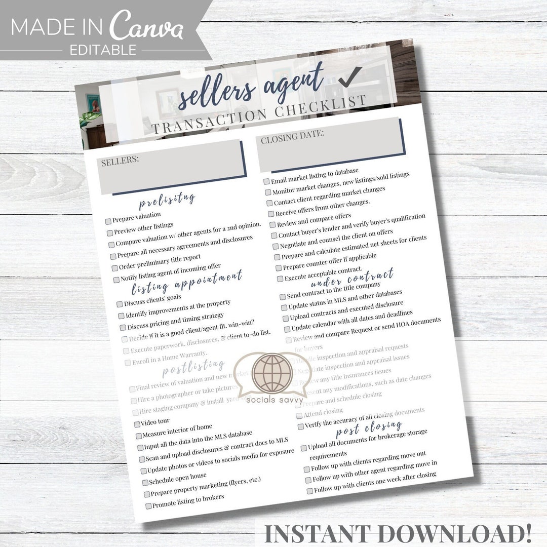 EDITABLE Sellers Agent Transaction Checklist Real Estate Realtor ...