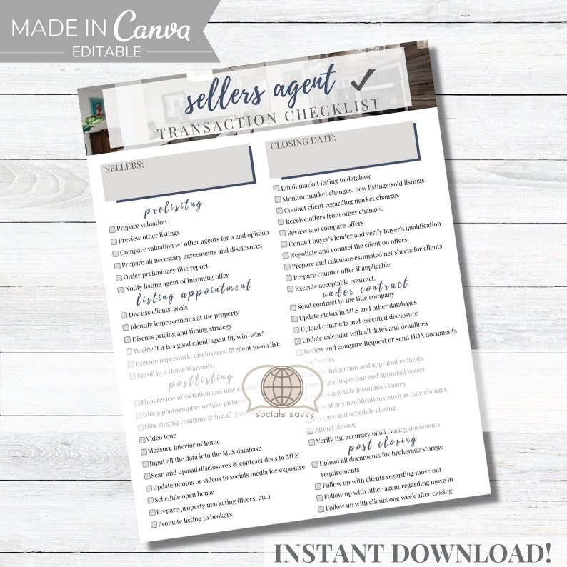EDITABLE Sellers Agent Transaction Checklist Real Estate Realtor ...