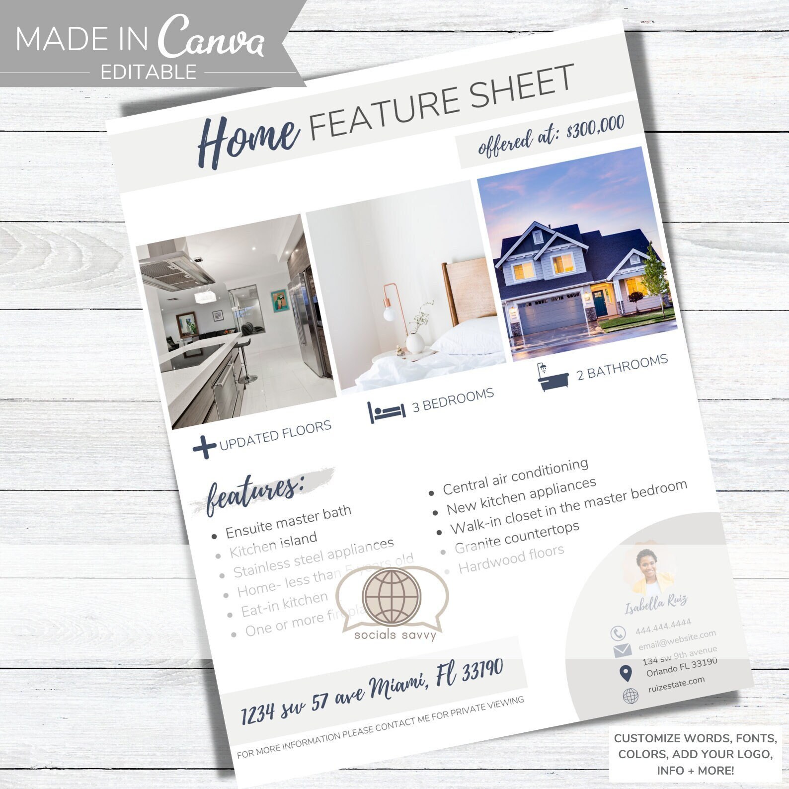 EDITABLE Real Estate Home Feature Sheet Flyer Template, Real Estate ...