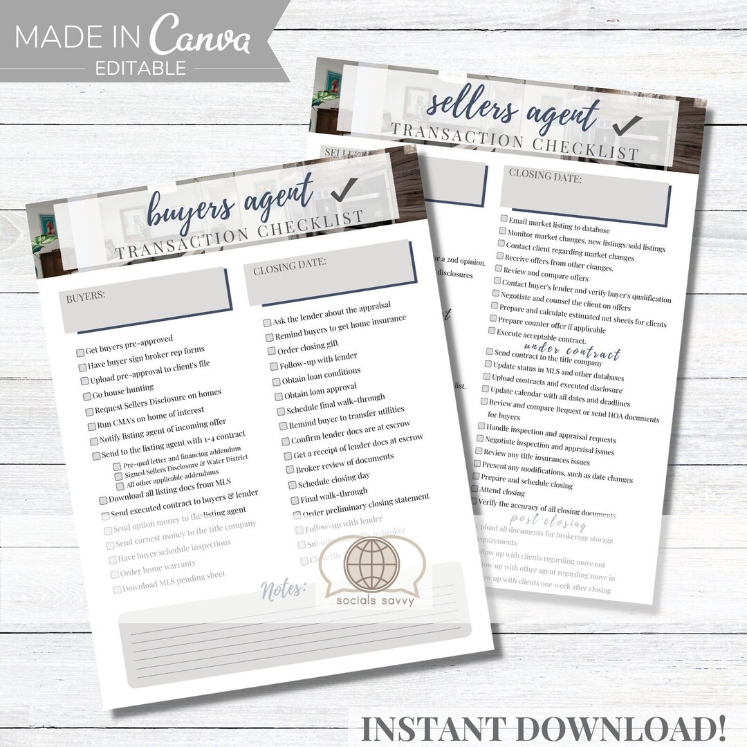 EDITABLE Sellers & Buyers Agent Transaction Checklist Real Estate ...