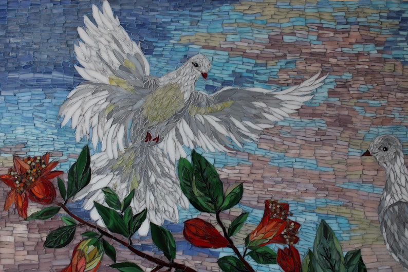 Handmade Glass Mosaic Wall Art ~ Doves & Pomegranate Tree – 56x83cm ...