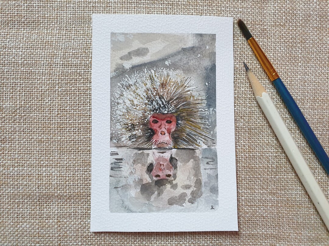 Japanese Macaque Miniature Watercolor Painting Mini Artwork 8x12 Cm ...