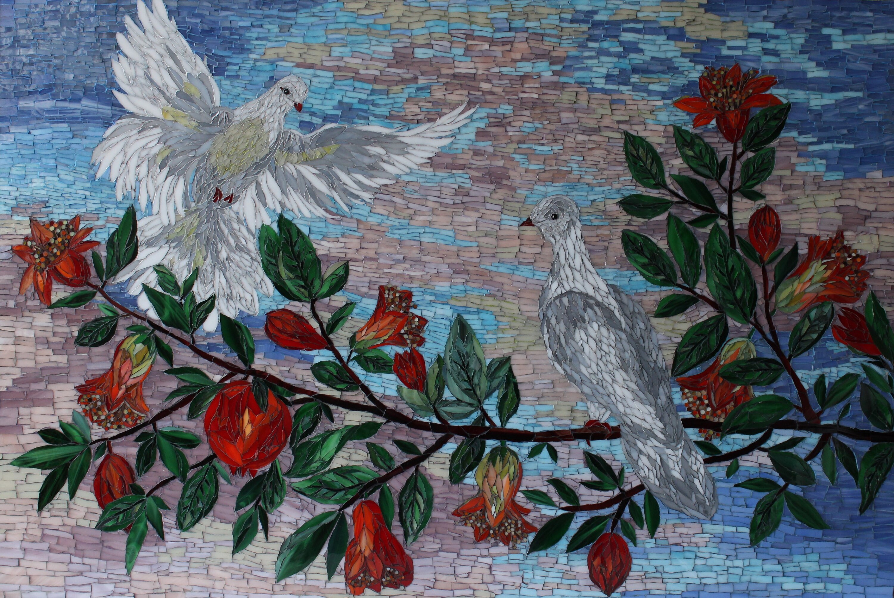 Handmade Glass Mosaic Wall Art ~ Doves & Pomegranate Tree – 56x83cm ...