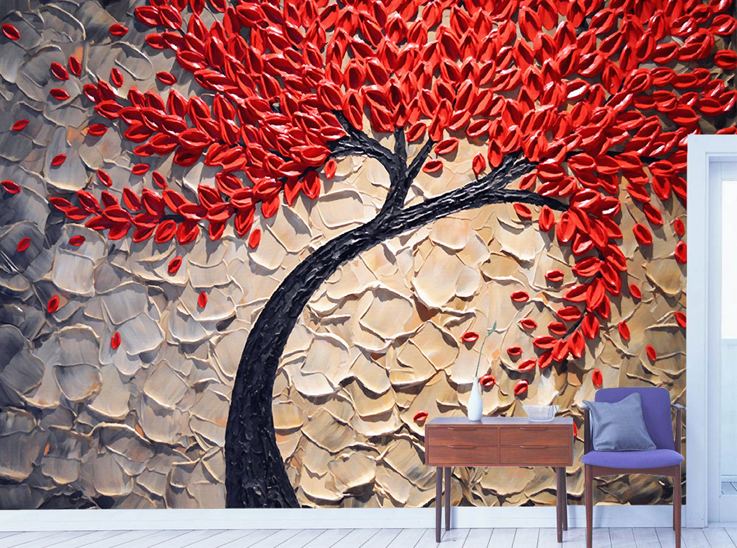 3D Red Tree Art Wallpaper Background Digital Printing Flower - Etsy