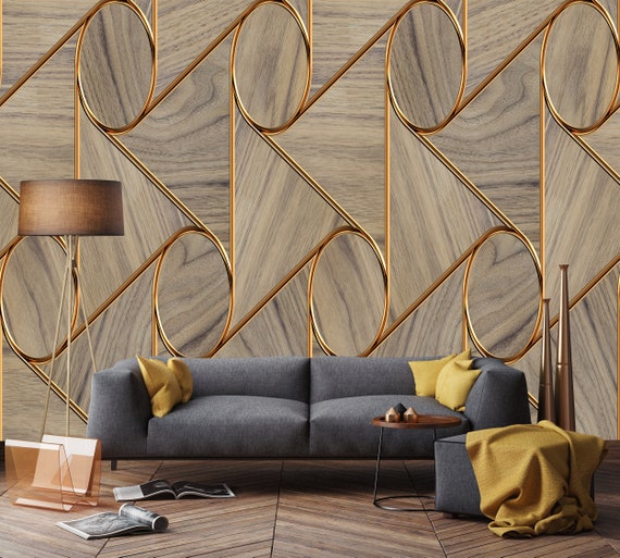 Eco Wood Triangle Tiles With Gold Decor Elements 3D Digital - Etsy