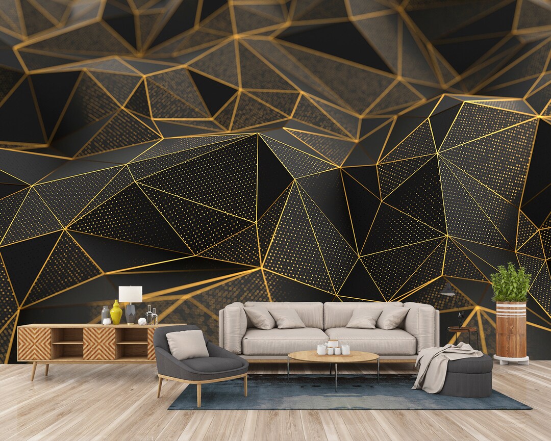 Abstract Low Poly Black With Gold Lines Wallpaper Wallpaper - Etsy UK