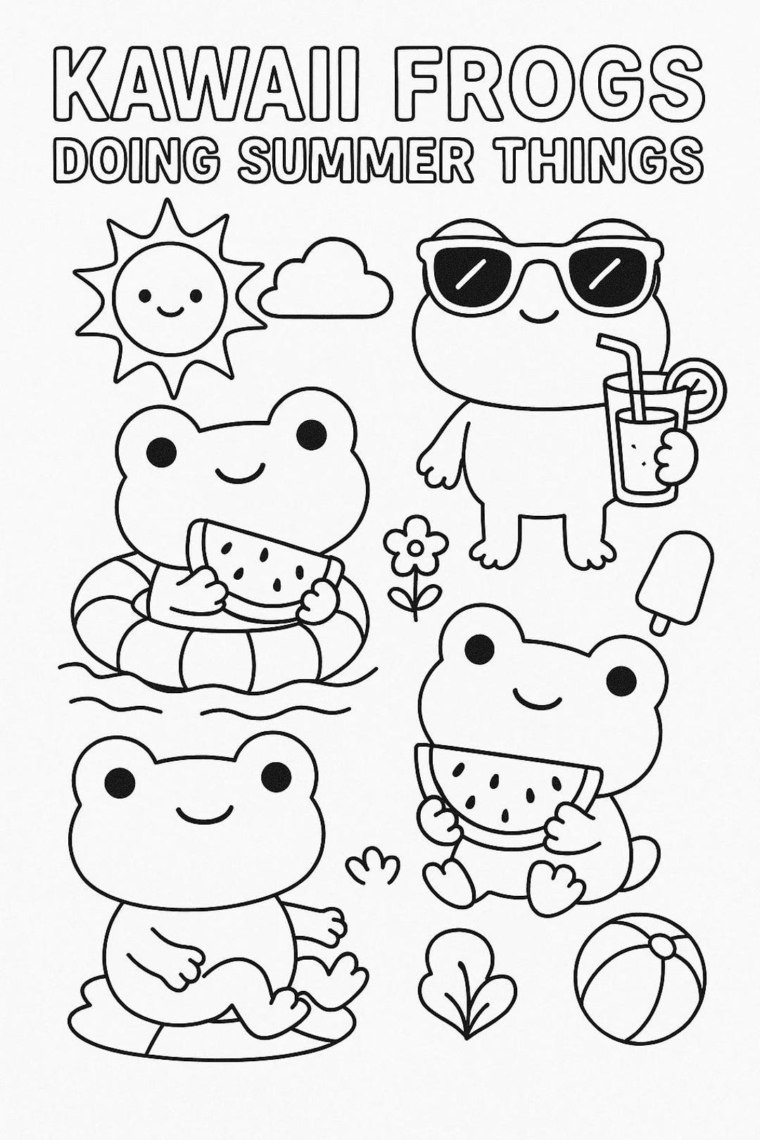 Kawaii Summer Frogs Coloring Page – Fun Crayon Art (digital Download ...