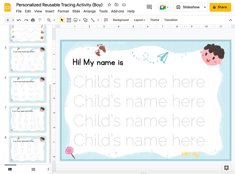 Printable Personalized Reusable Tracing Activity for Toddlers (4 Themes ...