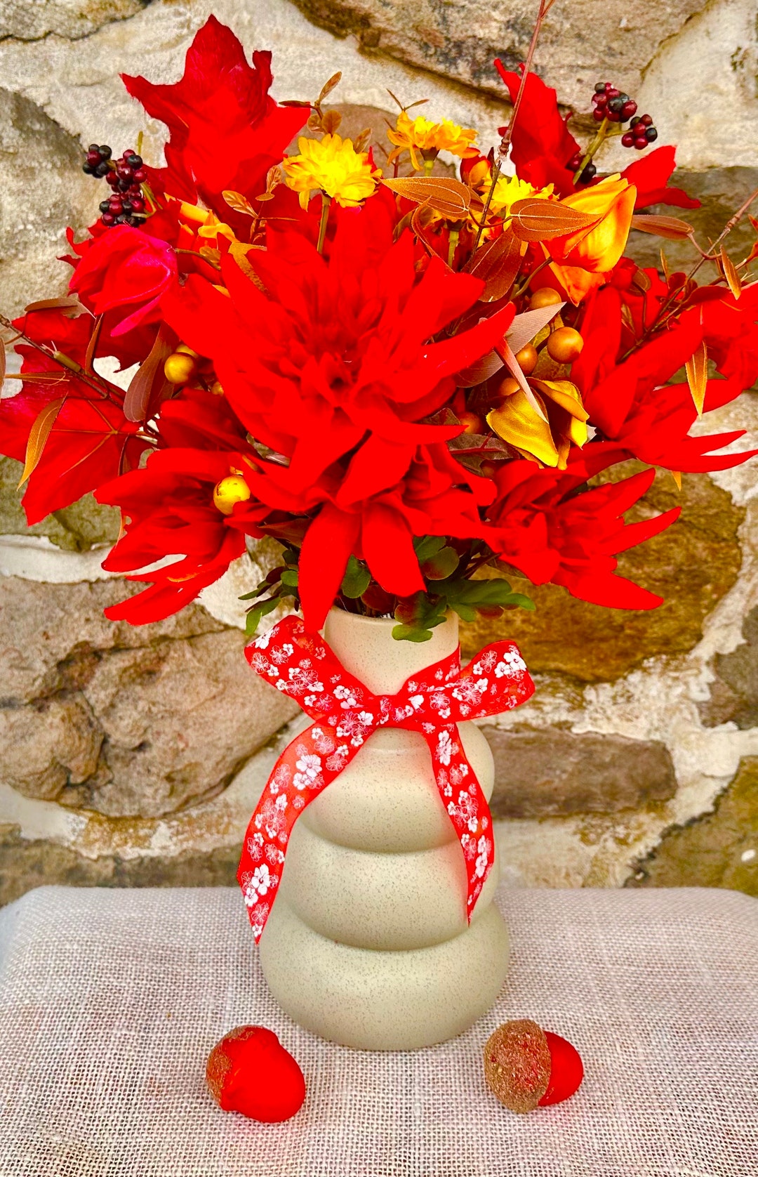 Lush Red Mum and Fall Leaf Bouquet - Etsy