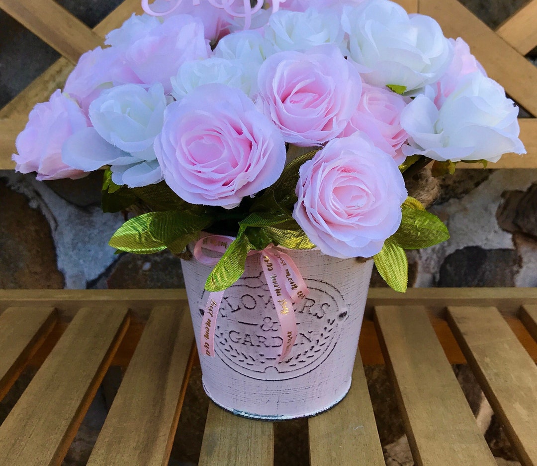 A Bucket Bouquet of Pink and White Roses - Etsy