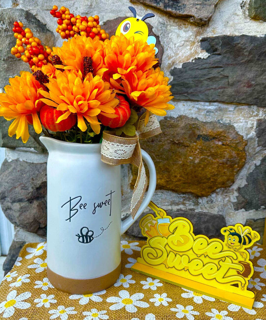 Bee Sweet Pitcher of Golden Mums and Pumpkins - Etsy