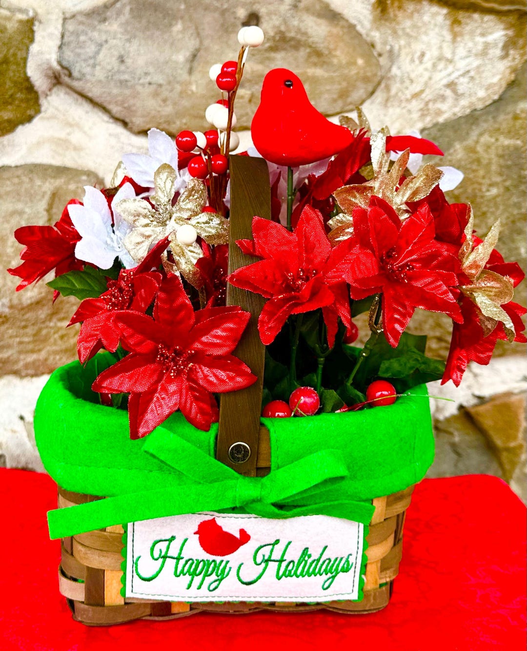 Happy Holidays Red Cardinal and Berries Christmas Basket Bouquet - Etsy
