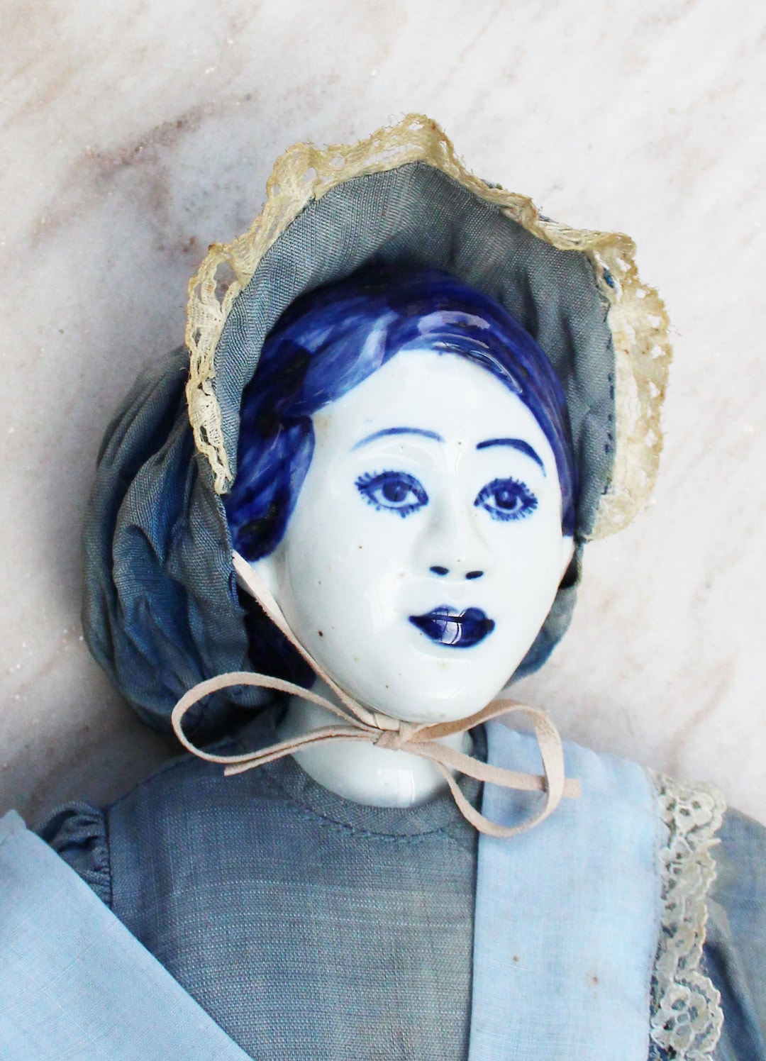 Very Decorative Antique Porcelain Parian Doll, Decorated in Delft Blue ...