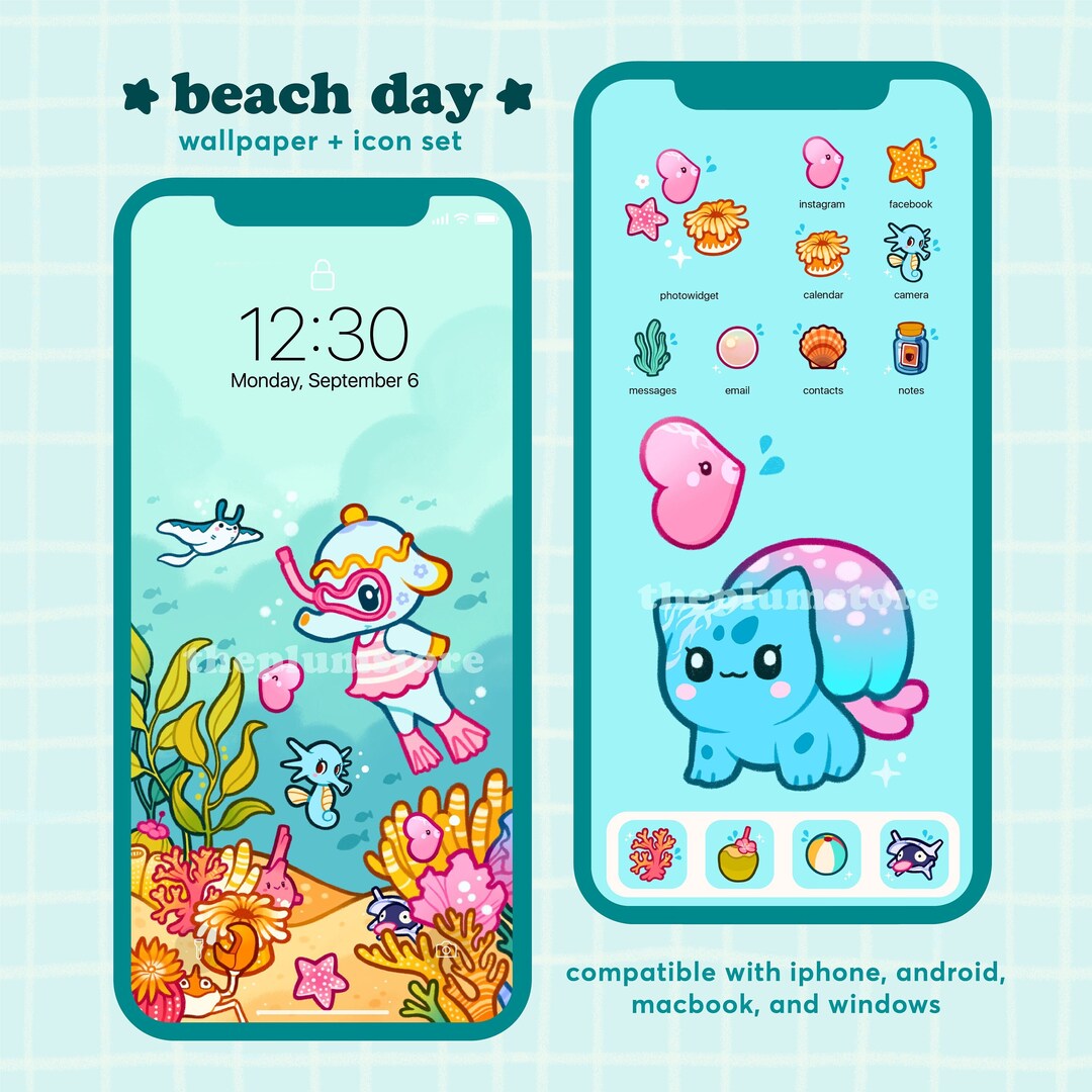 48 App Icons + Wallpaper Set | Beach Day - Etsy