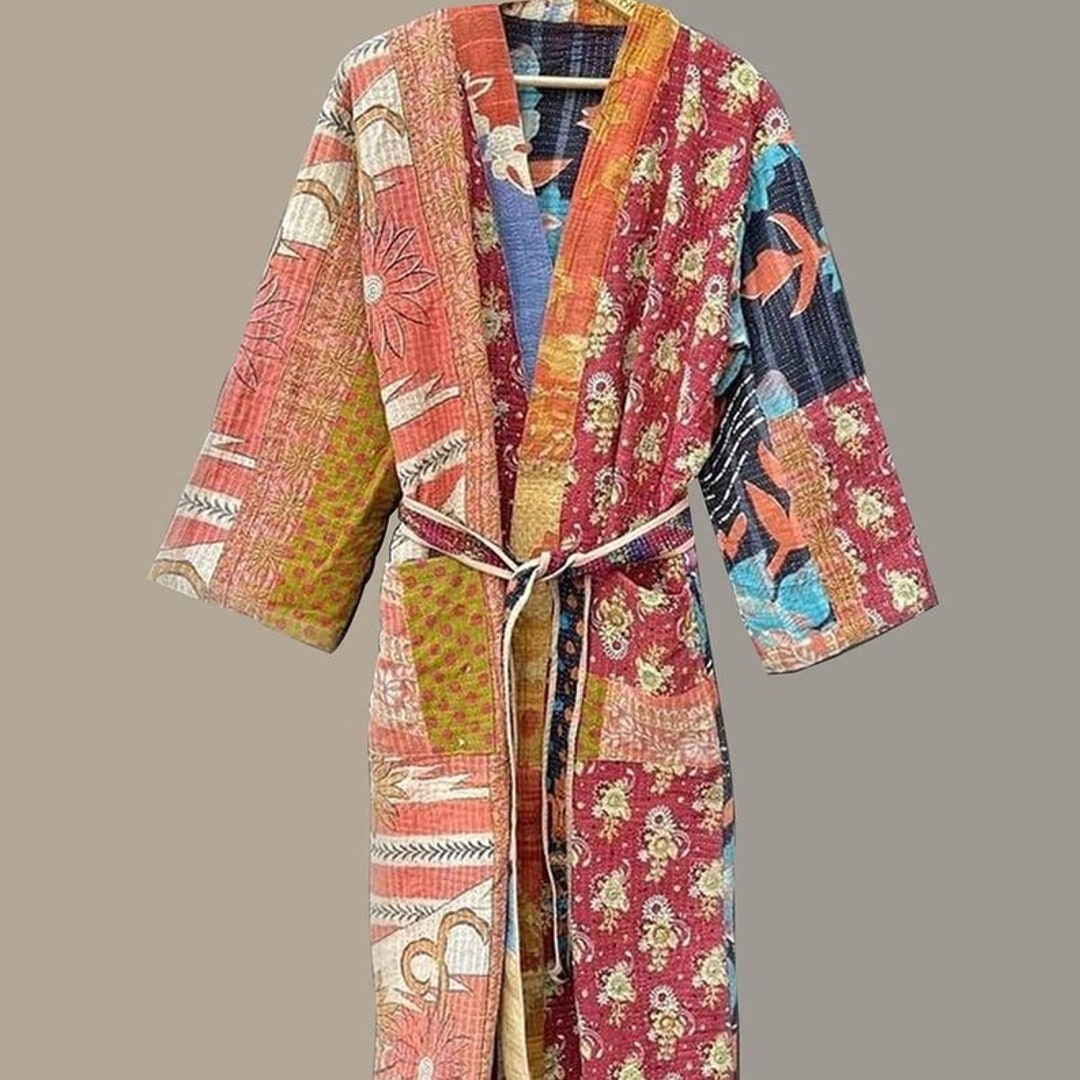 100% Cotton Assorted Design Vintage Luxury Kimono Kantha Robe, Indian ...