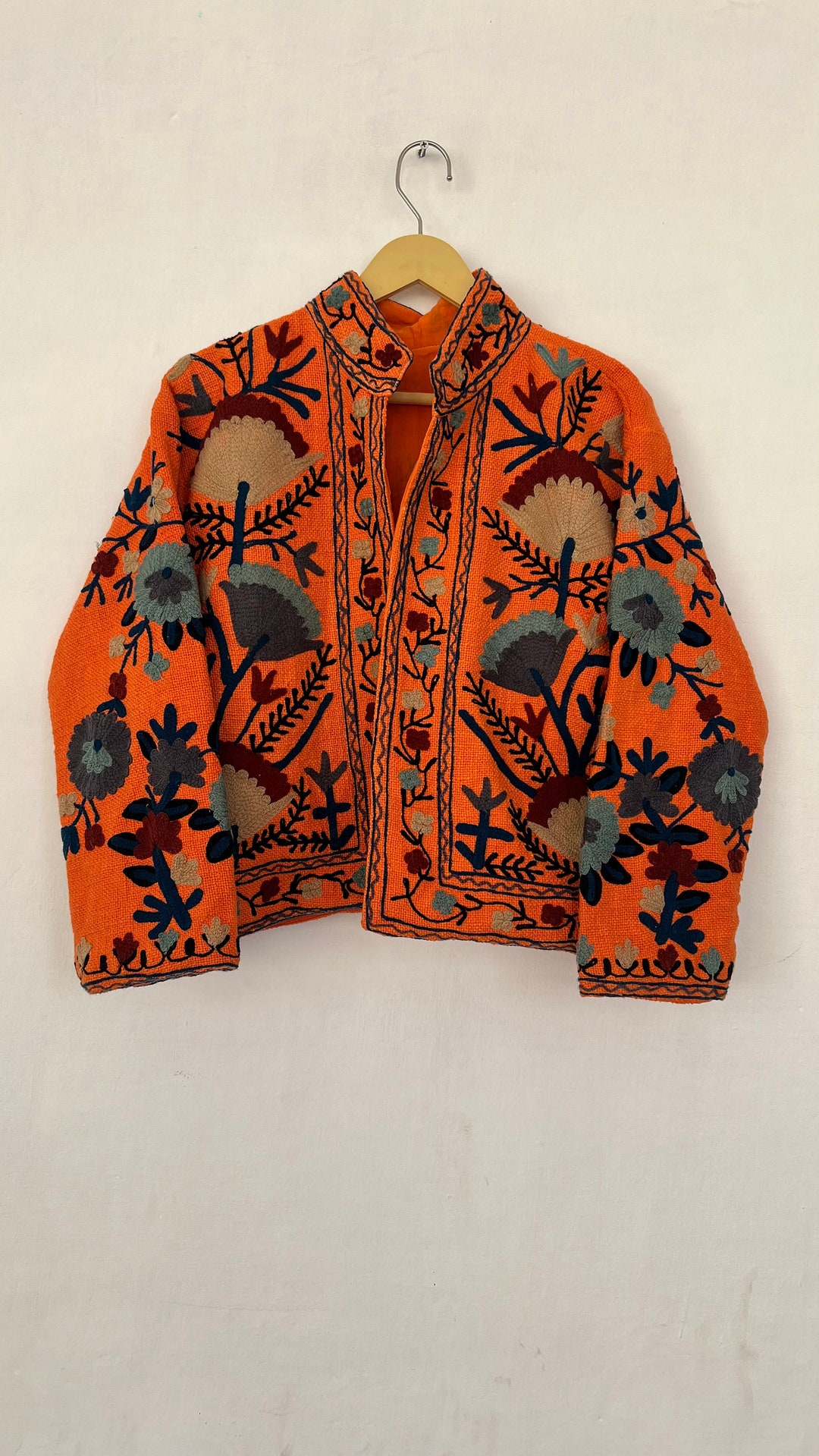 Cotton Suzani Hand Embroidery Jacket Coat, Orange Women Wear Winter ...