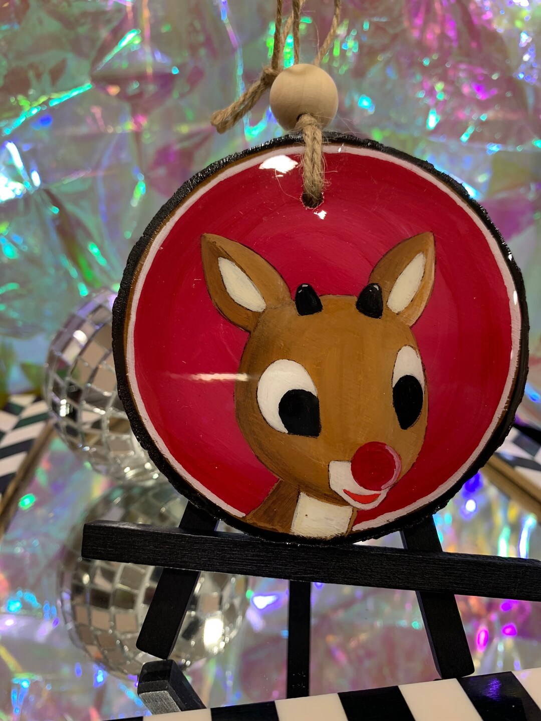 Hand-painted Rudolph Ornament: Rustic Wood Slice Christmas Decor - Etsy