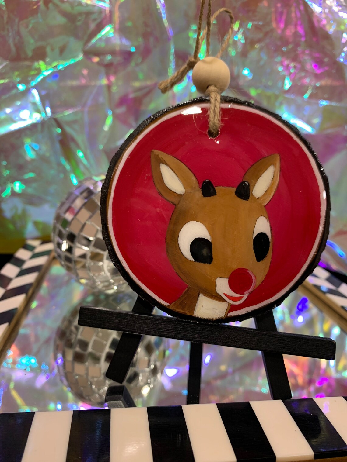 Hand-painted Rudolph Ornament: Rustic Wood Slice Christmas Decor - Etsy
