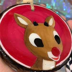 Hand-painted Rudolph Ornament: Rustic Wood Slice Christmas Decor - Etsy
