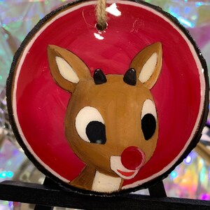 Hand-painted Rudolph Ornament: Rustic Wood Slice Christmas Decor - Etsy
