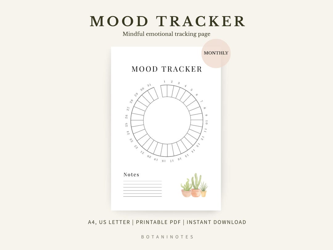Mood Tracker Printable, Monthly Mood Calendar, Botanical Self Care ...