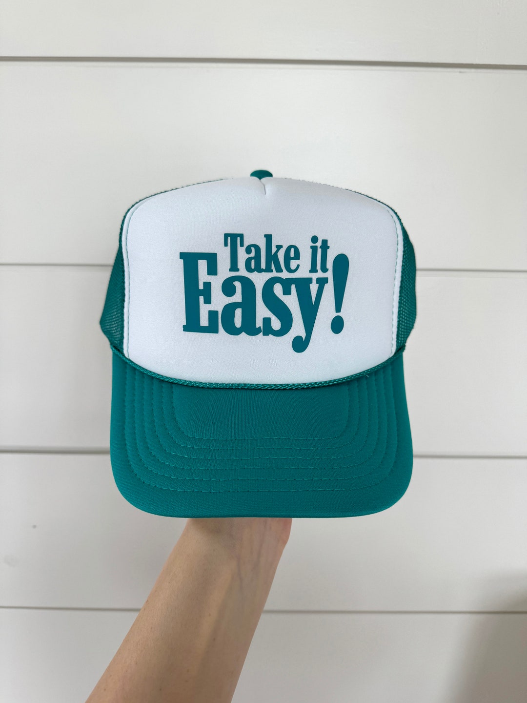 TAKE IT EASY! Trucker Hat | Teal/white/teal | Trendy Trucker Hat ...