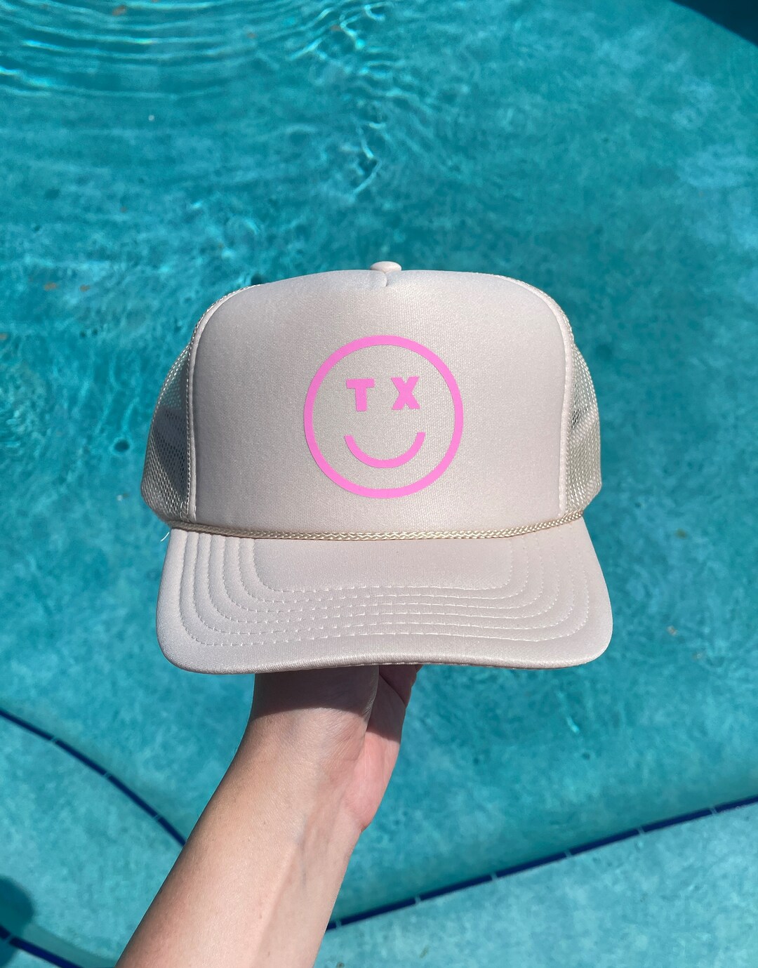 TX Smiley Trucker Hat | Tan/pink | Texas Trucker Hat | Smiley Face ...
