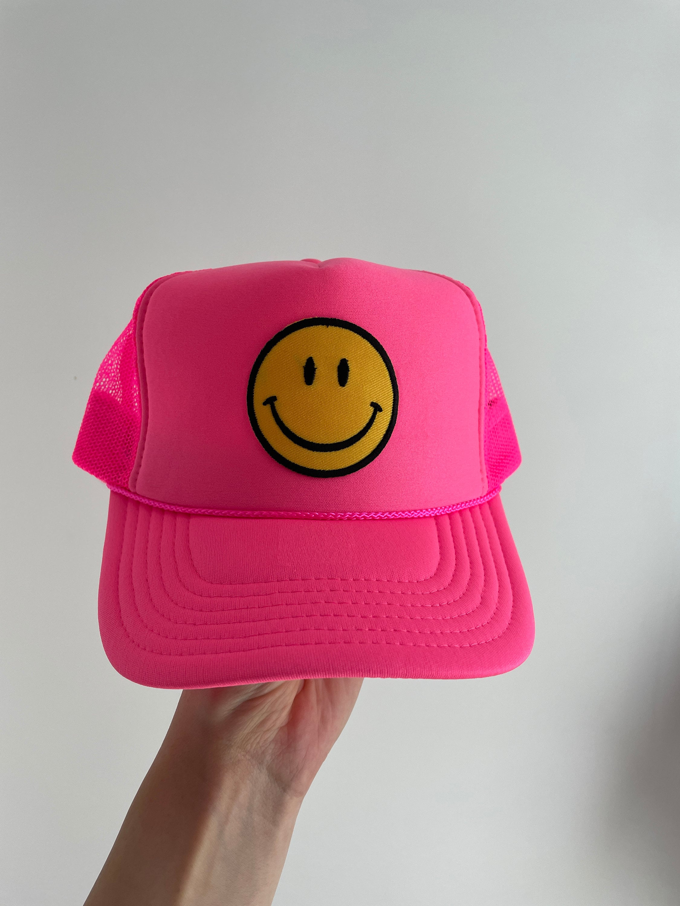 SMILEY FACE PATCH Trucker Hat Neon Pink Trucker Hat Smiley Patch Hat - Etsy