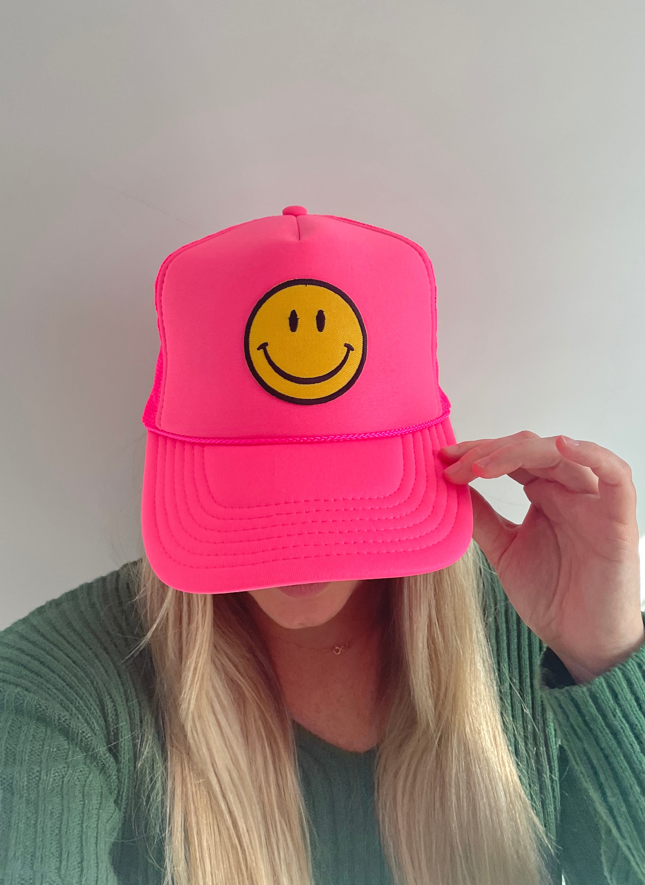 SMILEY FACE PATCH Trucker Hat Neon Pink Trucker Hat Smiley Patch Hat - Etsy