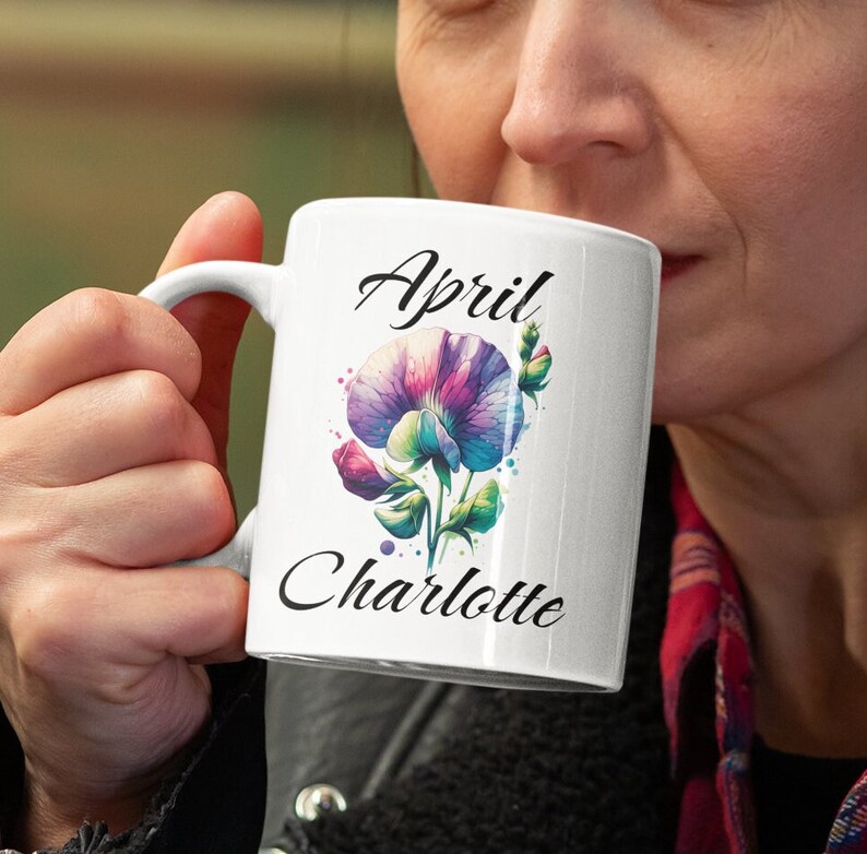 Custom April Birth Month Flower Coffee Mug Sweet Pea Tea Cup 11 & 15 Oz ...