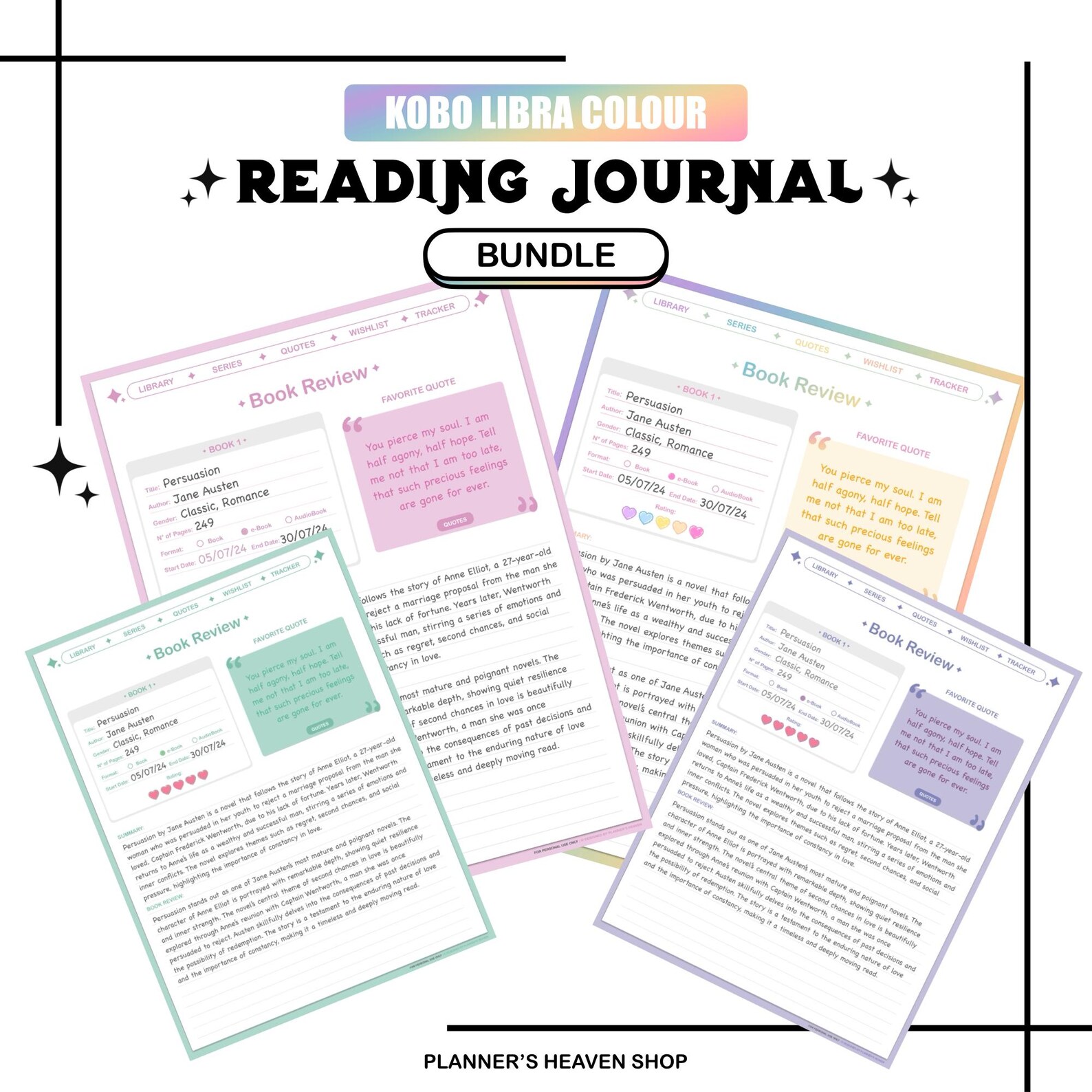 Bundle Reading Journal for Kobo Libra Colour With Hyperlinks | 4 Colors ...
