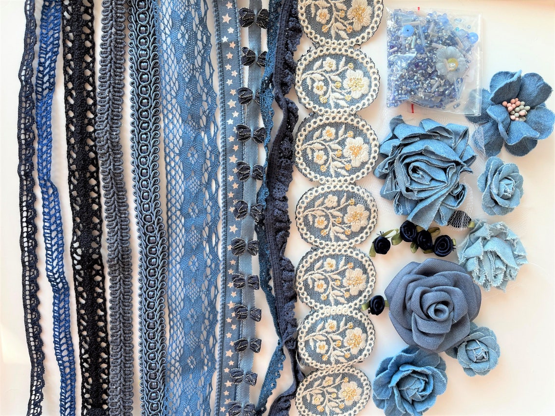 Denim Blue Embellishment Pack, Journaling, Crazy Quilting, Scrapbooking ...