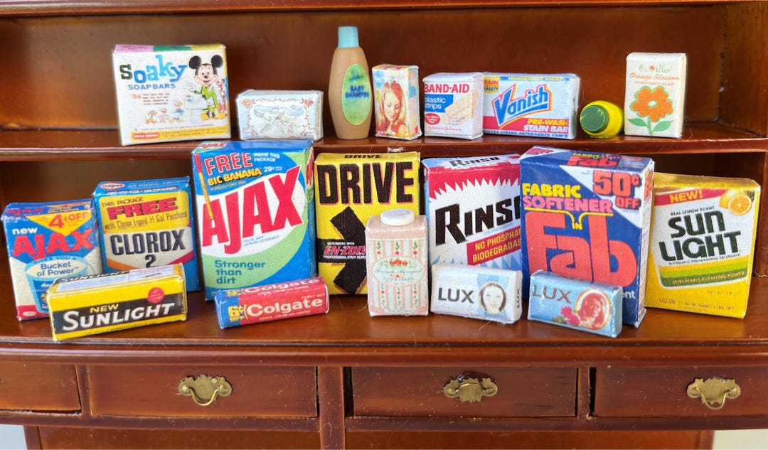 1970s Dollhouse Bathroom and Laundry Items Including Washing Powder ...