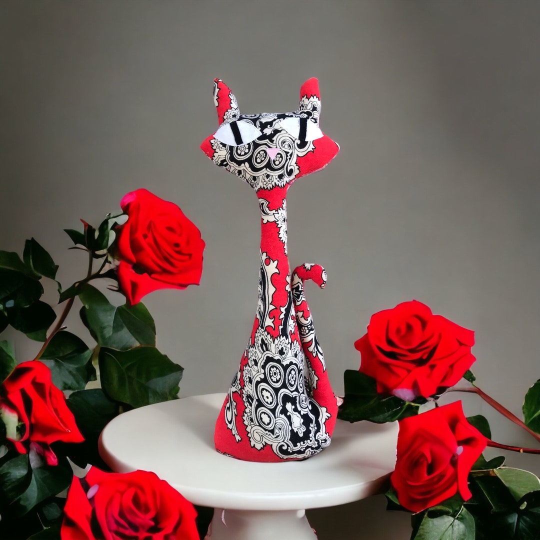 Red With Black Paisley Design Kooky Kat, Mid Century Modern Cat Pillow ...