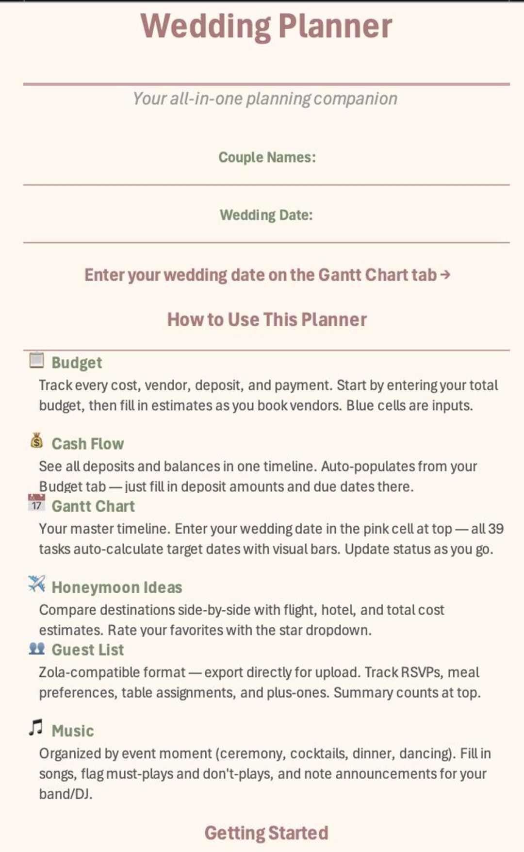 Wedding Planner Excel Spreadsheet Template | Budget Tracker, Checklist ...