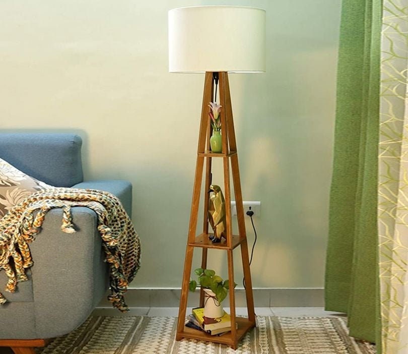 Beige Wooden Floor Lamp With Shelf Natural Jute Shade - Etsy