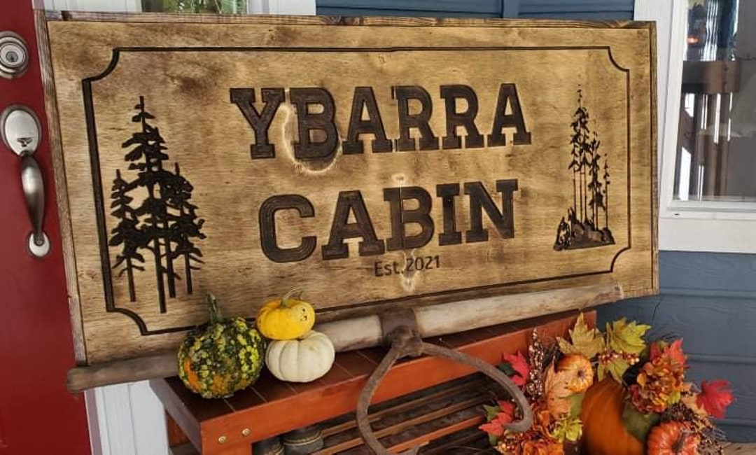 Outdoor Signs, Wooden Carved Cabin Sign, Pine Trees, Custom Wood Sign ...