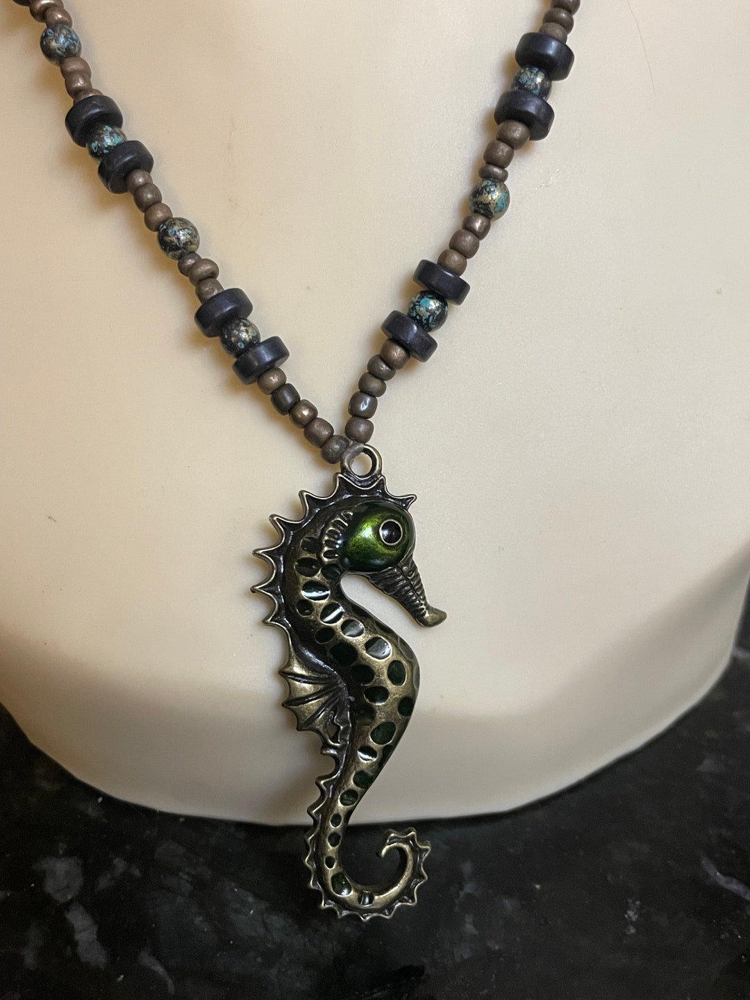 GORGEOUS ARTISAN SEAHORSE Necklace Hand Beaded Enameled Bronze - Etsy