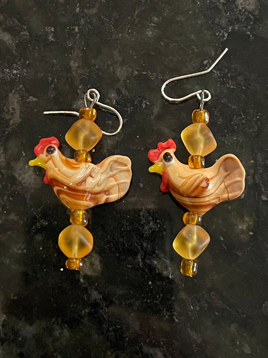ART GLASS ROOSTERS Artisan Made Dangle Drop Hook Earrings Figural Rooster Chicken Fetish Beaded ...