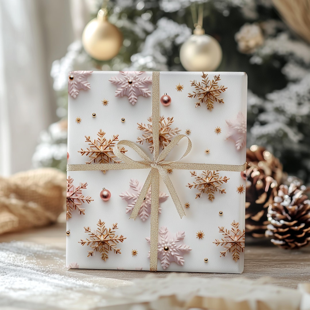 Luxury Christmas Wrapping Paper With Gold Pink Snowflakes, Elegant ...