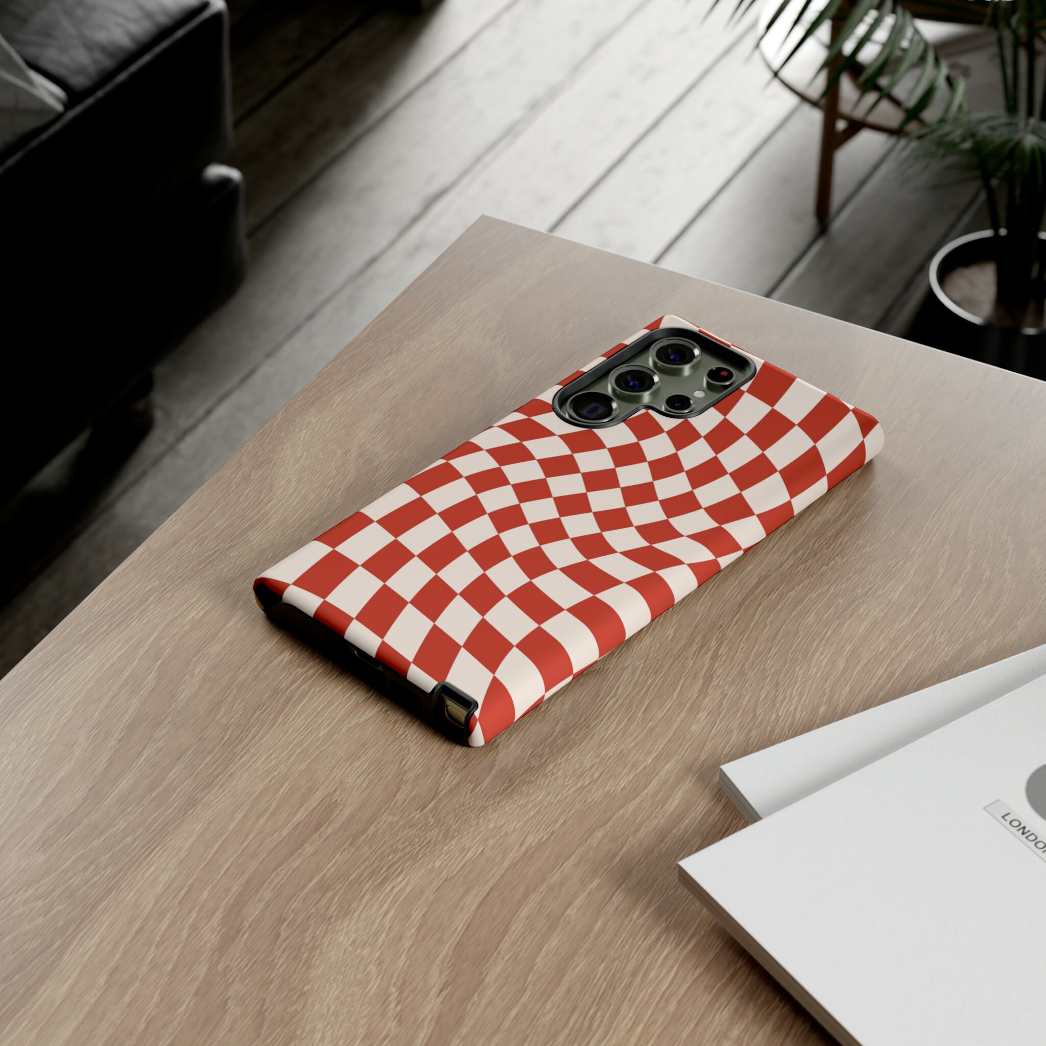 Retro Red Wavy Checkered Tough iPhone Samsung Pixel Case, Glossy Matte ...